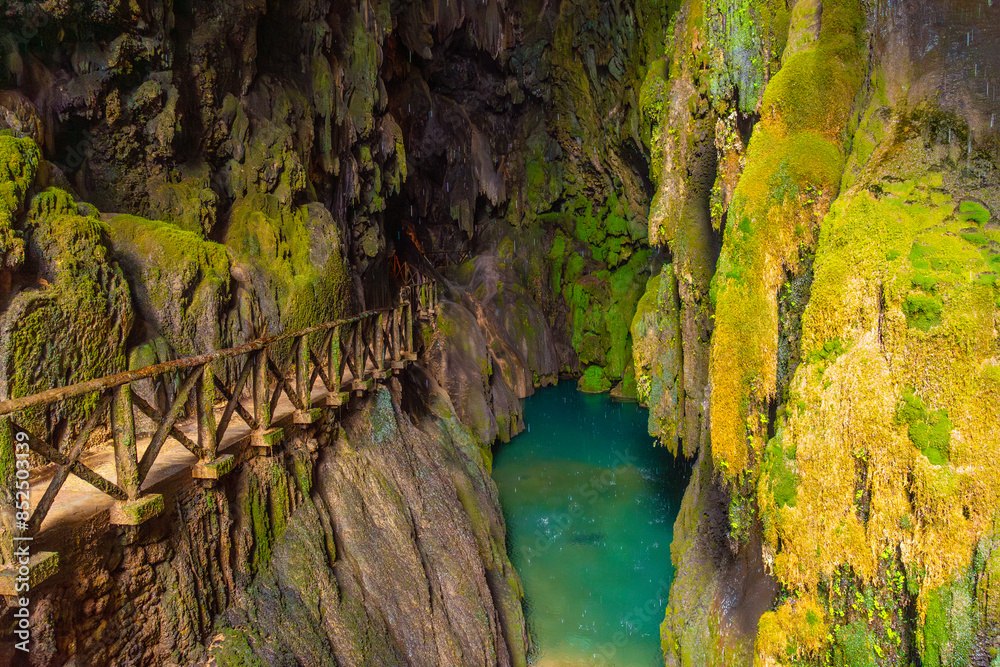 Beautiful colours inside the Iris Grotto at the Cola de Caballo ...