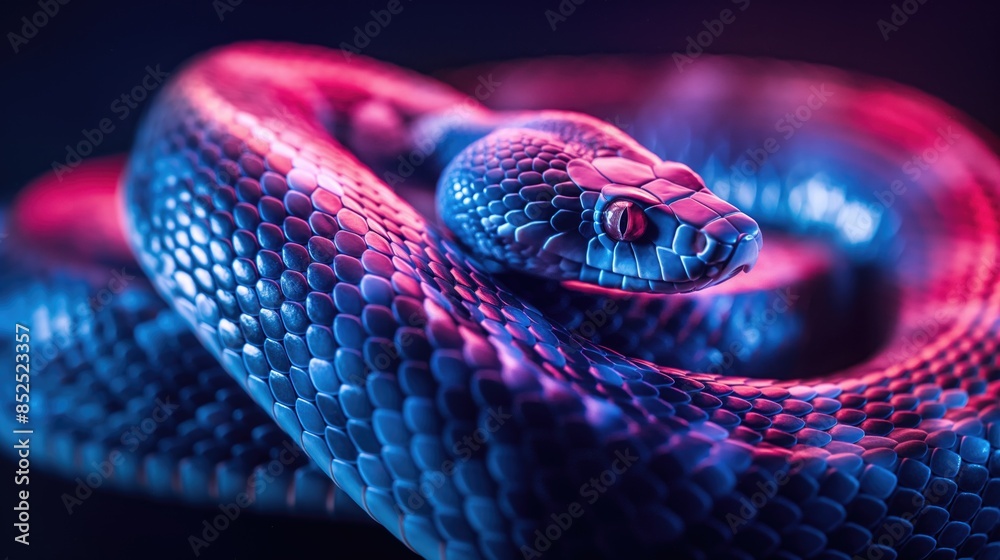Snake in neon blue and pink light on black background. Symbol of 2025 ...