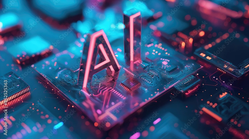 Artificial intelligence micro chip with AI lettering on a circuit board close up. Future of ...