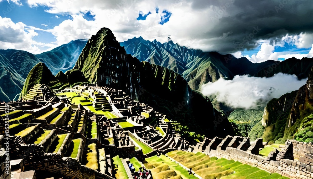 Stunning view of Machu Picchu, the iconic Incan citadel, nestled in the ...
