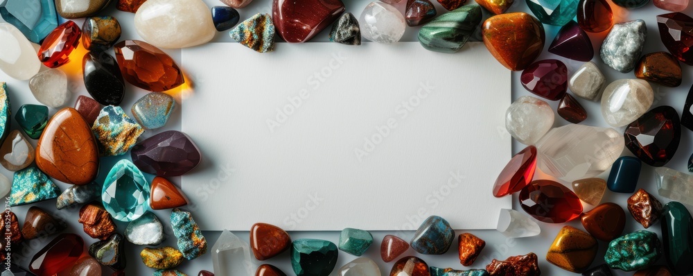 Colorful gemstones arranged in a rectangular frame with a blank white ...