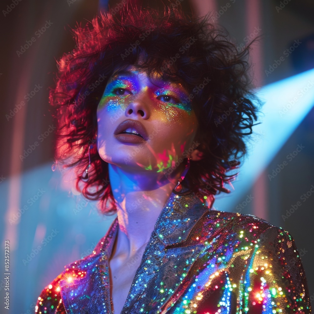 1980s glam rock outfit with metallic fabrics and bold makeup, on a ...