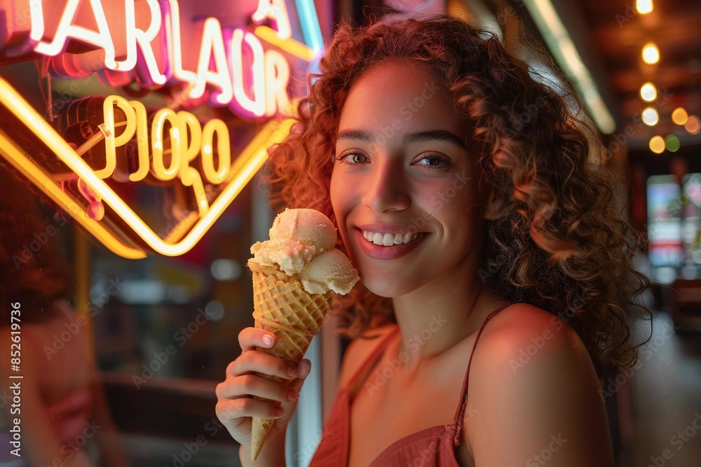 Full body photo of Hispanic female customer holding an ice cream cone ...
