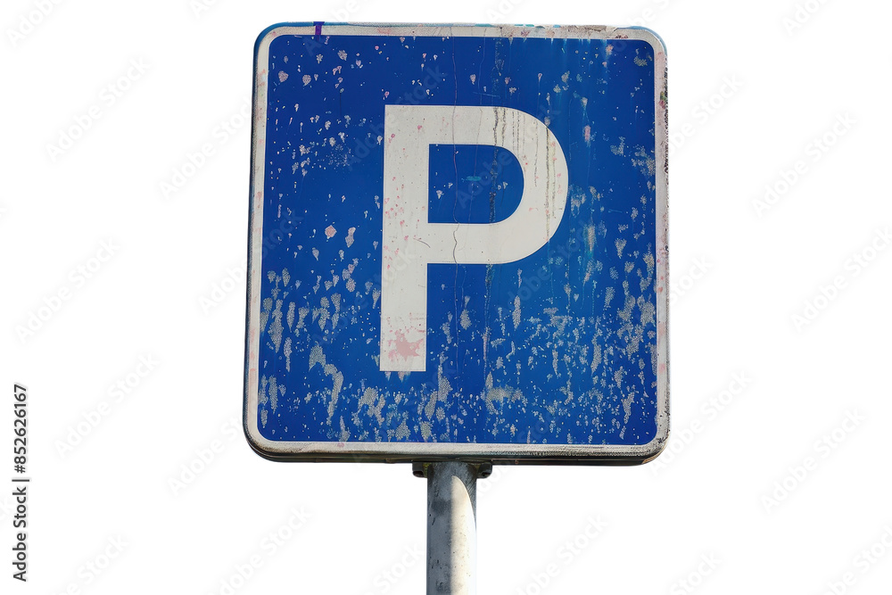 Rustic blue parking sign with large white letter P. Weathered ...