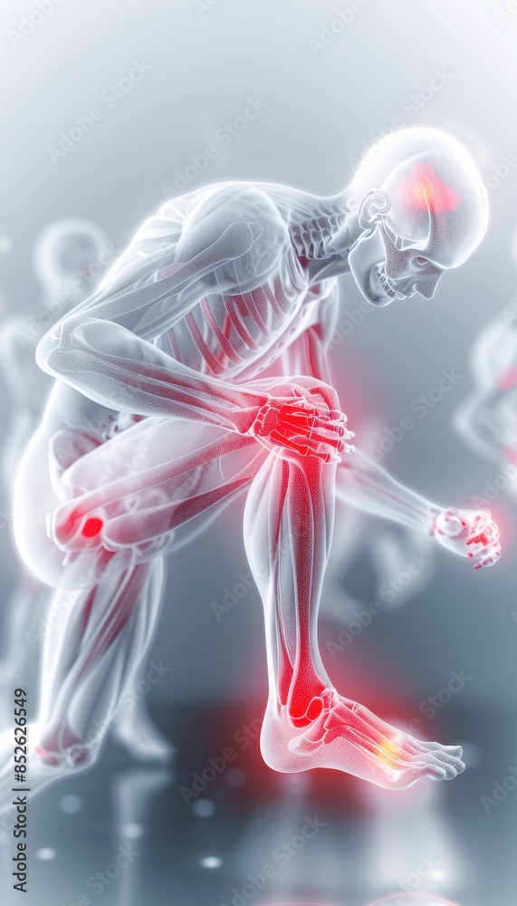 ed image of a human figure highlighting joint pain areas in red ...
