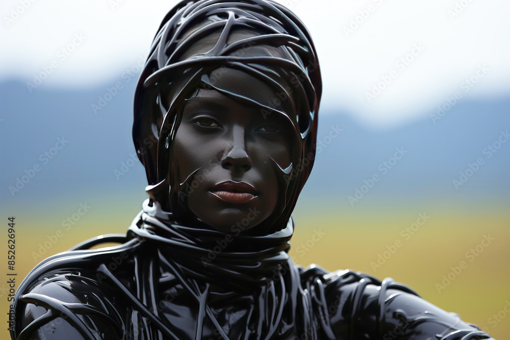 Sexy female face in fancy latex costume. Fetish model in black ...