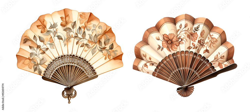 Victorian style fan, watercolor clipart illustration with isolated ...