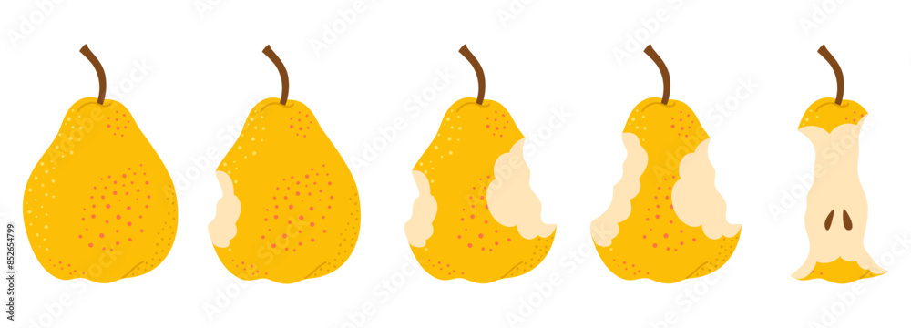 Yellow Pear eating steps cartoon icon set. Stages of biting ripe pear ...