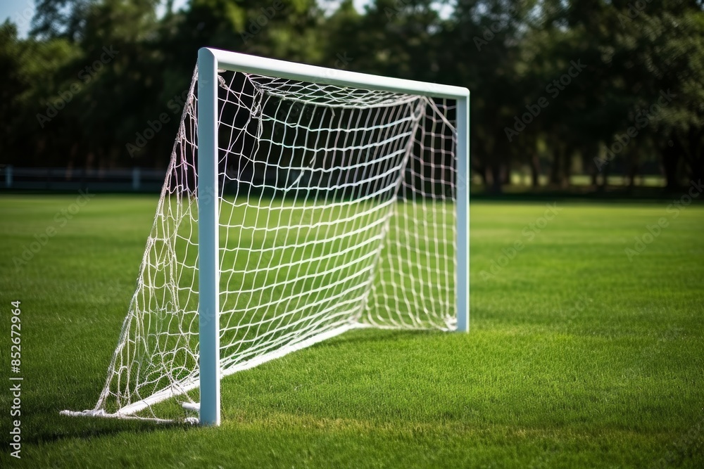 Soccer field with green turf, football goal, and net shadow creating a ...