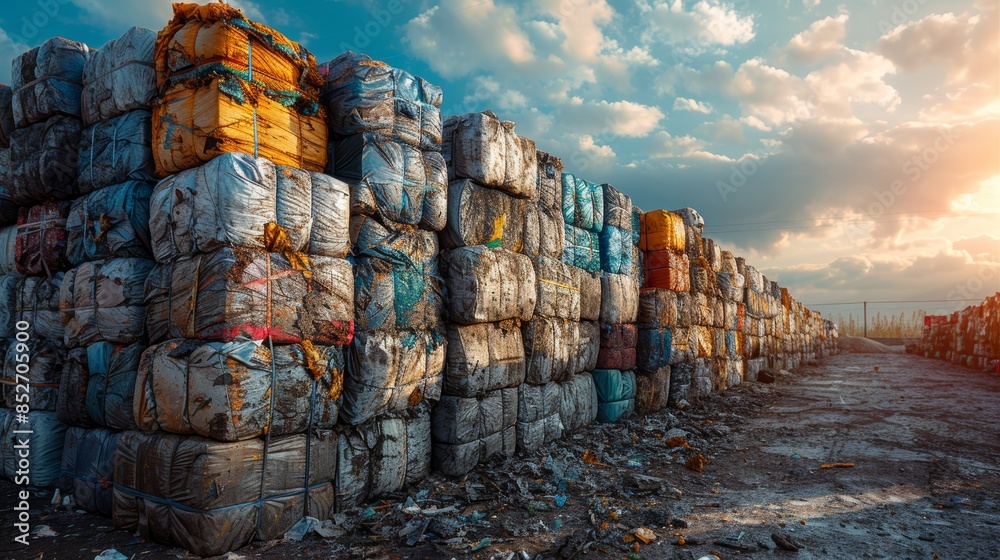Stacks of Compacted Plastic Waste Bales in a Recycling Facility at ...
