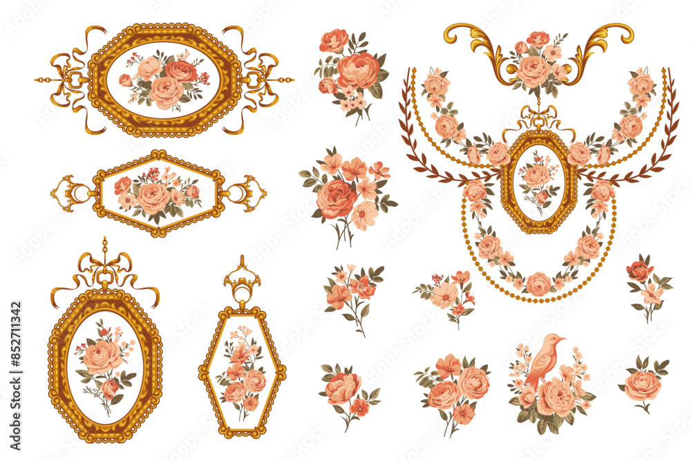 Set of beautiful pendants with rose bouquets and bird, filigree frame ...