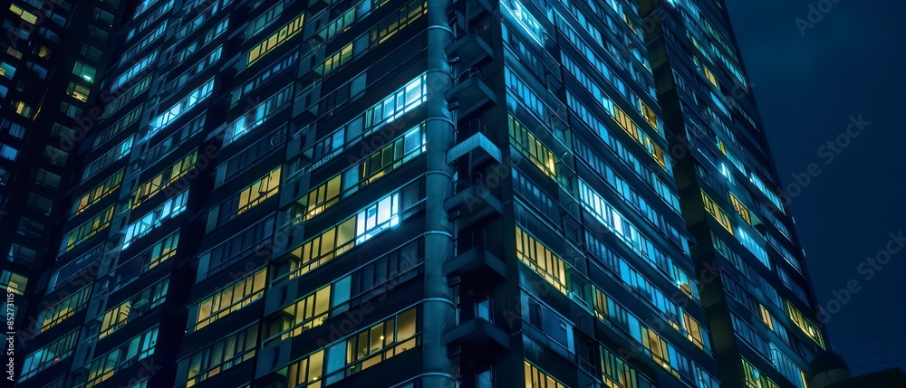 High-rise building featuring modern architecture, glass facade, and ...