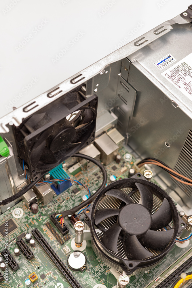 Inside view of a desktop computer CPU and motherboard の Stock フォト ...