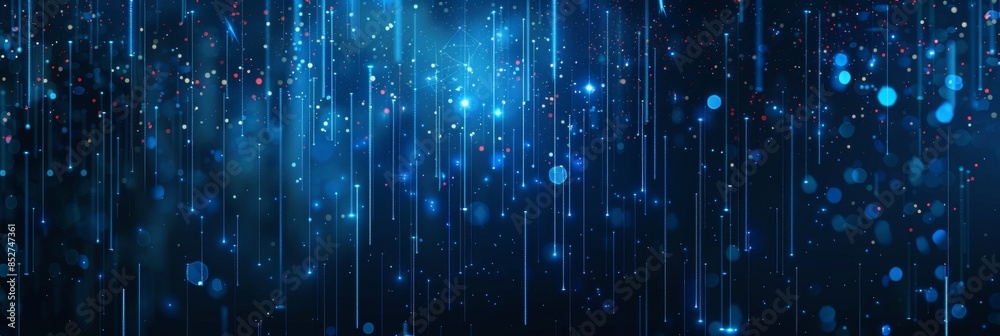 Dark blue tech background with glowing particles and vertical bar lines ...