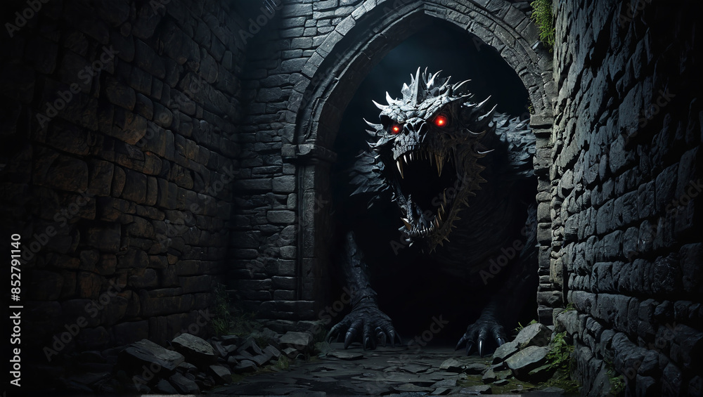 A monstrous creature lurks in a dark dungeon within an ancient castle ...
