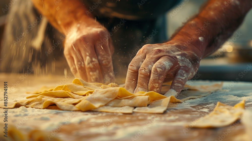 Hands kneading pasta dough in the bakery kitchen. Each gesture is made ...