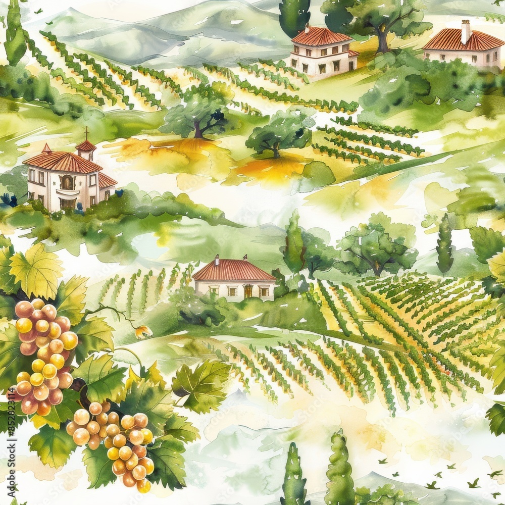 A watercolor painting depicts a picturesque scene of rolling hills with vineyards and Italian ...