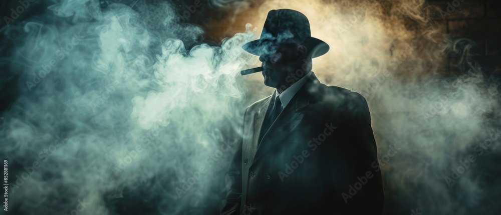 Mafia boss in a tilted angle view, dark vintage suit, smoking cigar ...