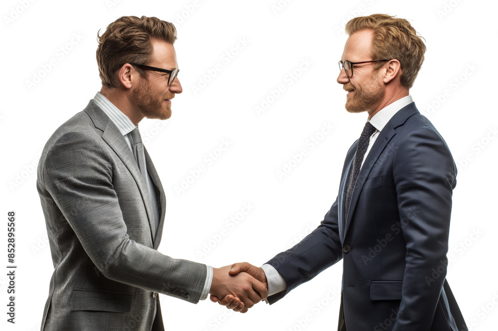 Two men in business suits shaking hands, profile view, on a white ...