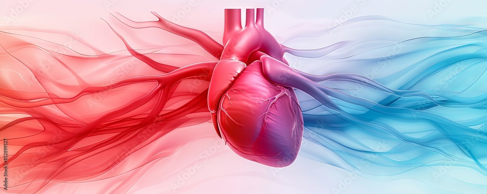 Anatomical illustration of a human heart with flowing red and blue ...