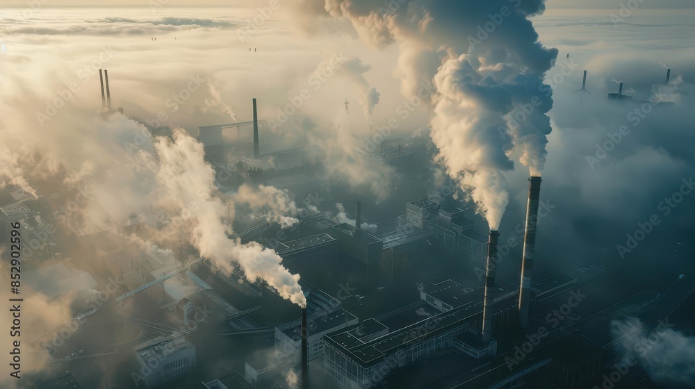 industrial power plant emitting thick co2 smoke from chimney fossil ...