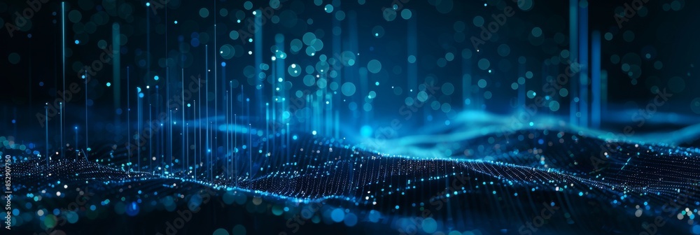 Dark navy blue background with floating digital particles and glowing ...