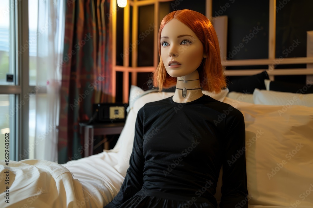 Humanoid robot with short red hair sitting in a modern bedroom ...
