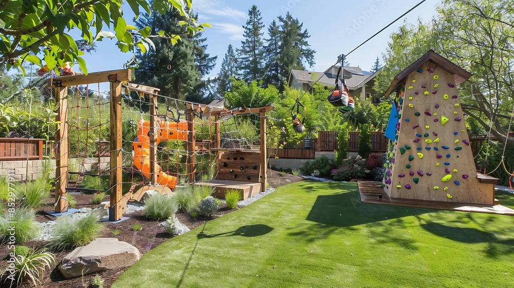 adventurous backyard with a custom-built obstacle course, climbing ...