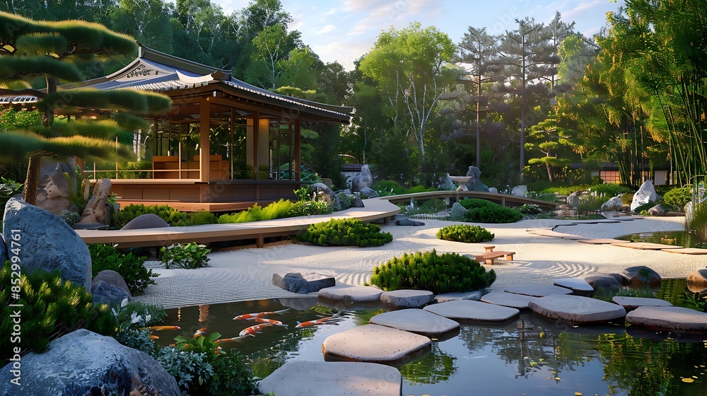 Japanese-inspired garden with a teahouse, sand gardens for raking ...