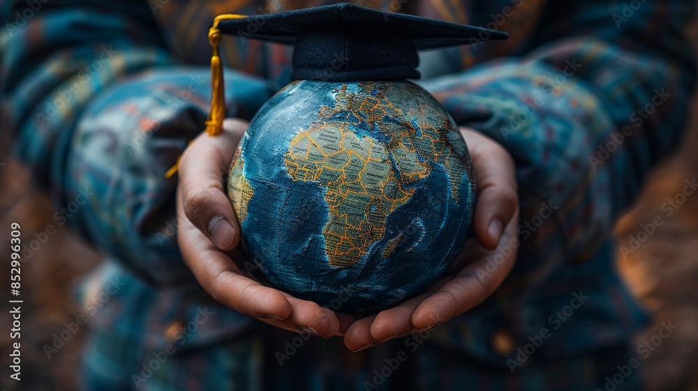 Education in Global world, Graduation cap on Businessman holding Earth ...