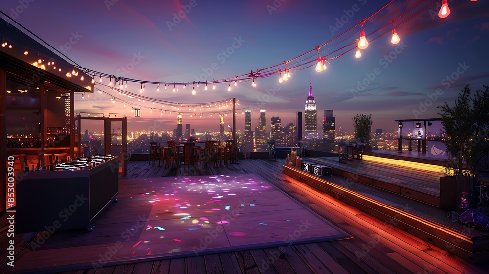 rooftop party deck with a dance floor, DJ booth, and bar, all set ...