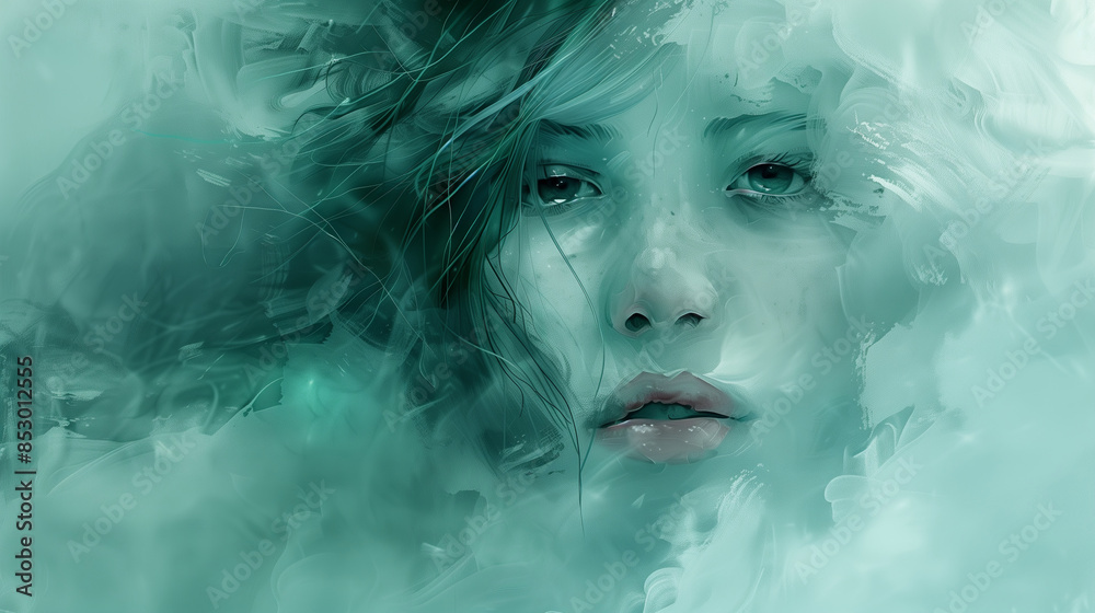 A girl's face with soft, flowing hair merging into a cloudy background ...