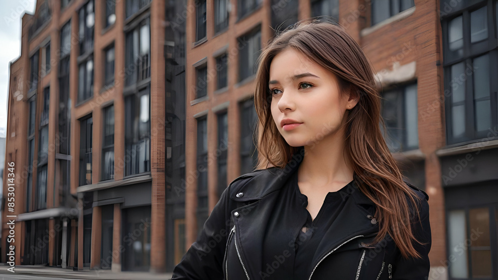 beautiful young girl modal brown hair black jacket background building ...