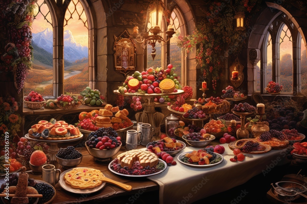 Sumptuous medieval feast with variety of dishes, fruits, and desserts ...