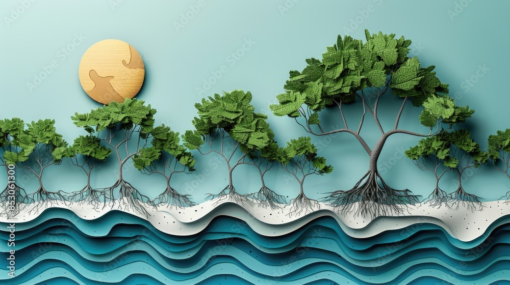 Coastal area in paper cutout art style showing mangrove deforestation ...