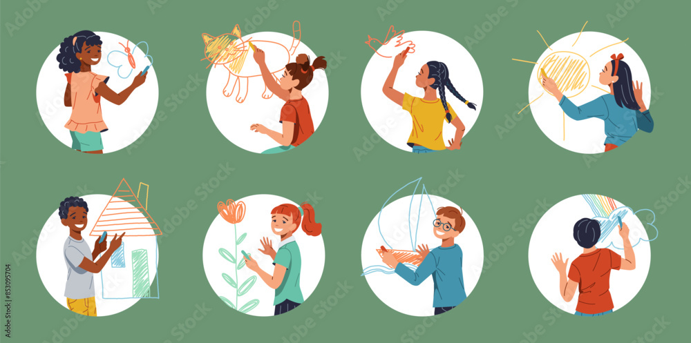 Little children drawing avatars color vector icon big set. Happy kids ...