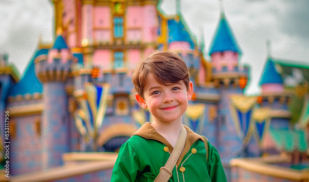 Happy Boy dressed as peter pan in a theme park Stock Photo | Adobe Stock