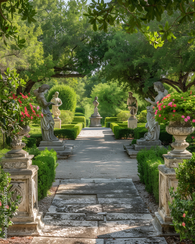 elegant garden path with classical statues and lush greenery, serene ...