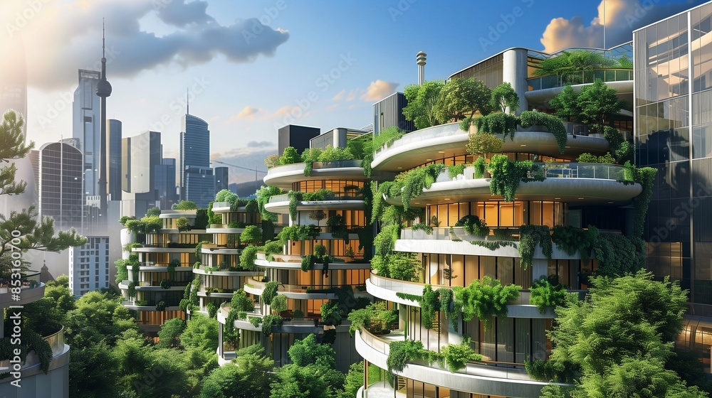 Residental buildings with greenery. Eco friendly architecture. Concept ...