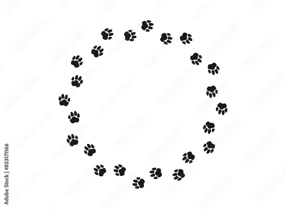 Circular frame with pet's paw print. Black silhouette pathway of dog or ...