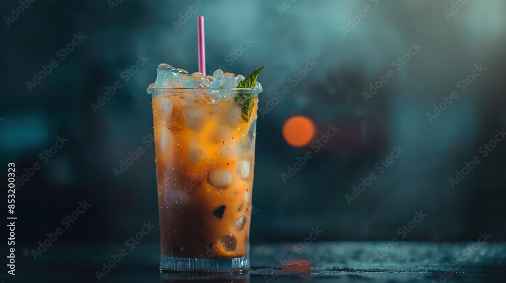 tall plastic cup of iced coffee boba with orange and green tea leaves ...