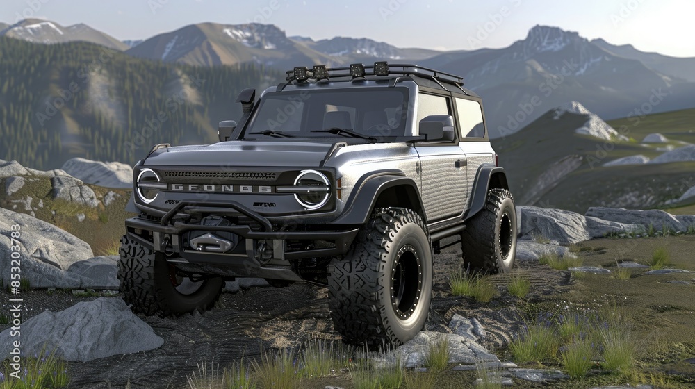 The gray and black off-road SUV concept has large headlights, a rugged ...