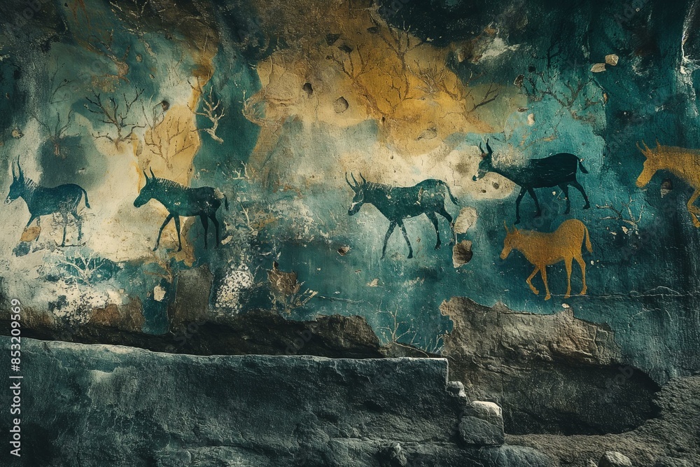 This image shows ancient cave paintings depicting prehistoric animals ...