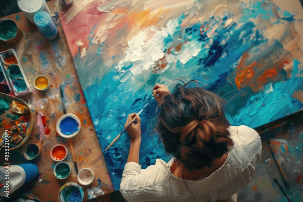 A talented woman is passionately painting on a large canvas, fully ...