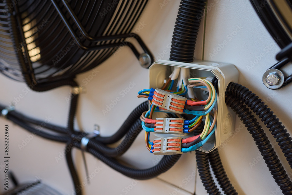 Electrician fixing complex wiring in junction boxes, showing expertise ...