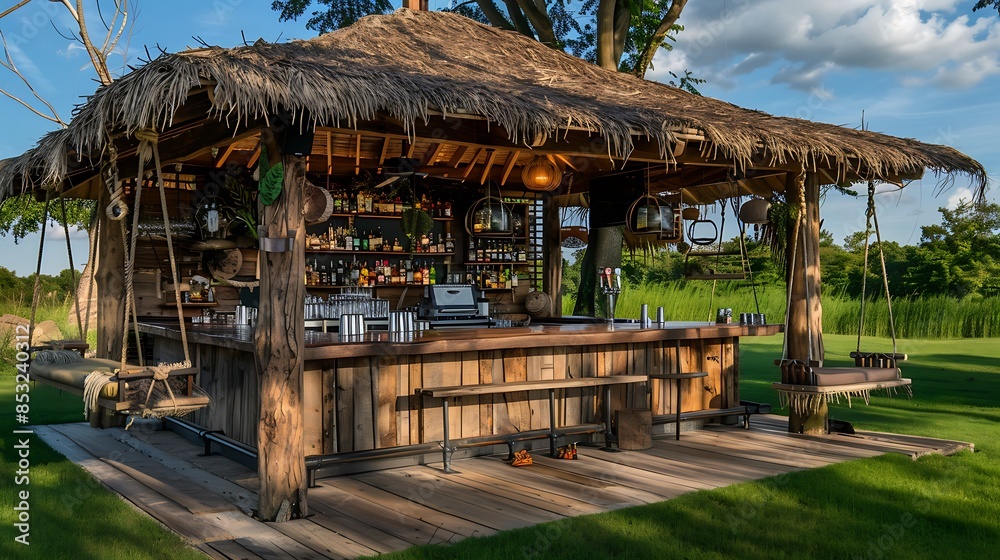 rustic outdoor bar with reclaimed wood surfaces, a thatched roof, and ...