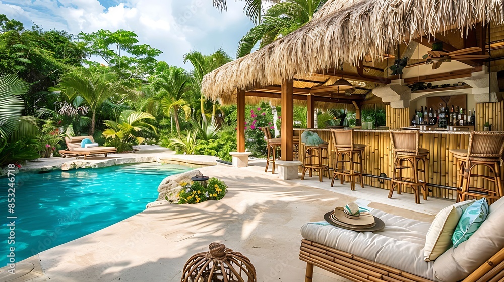 tropical resort-style patio with a thatched-roof bar, bamboo furniture ...