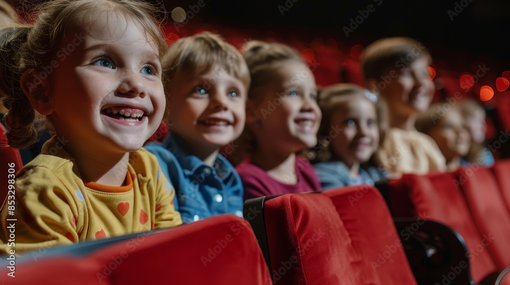 Happy children kids watching movie theater cinema wallpaper background ...