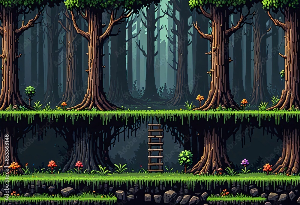 asset for a bit pixel platform mobile game,dirt grass wood tree bush ...