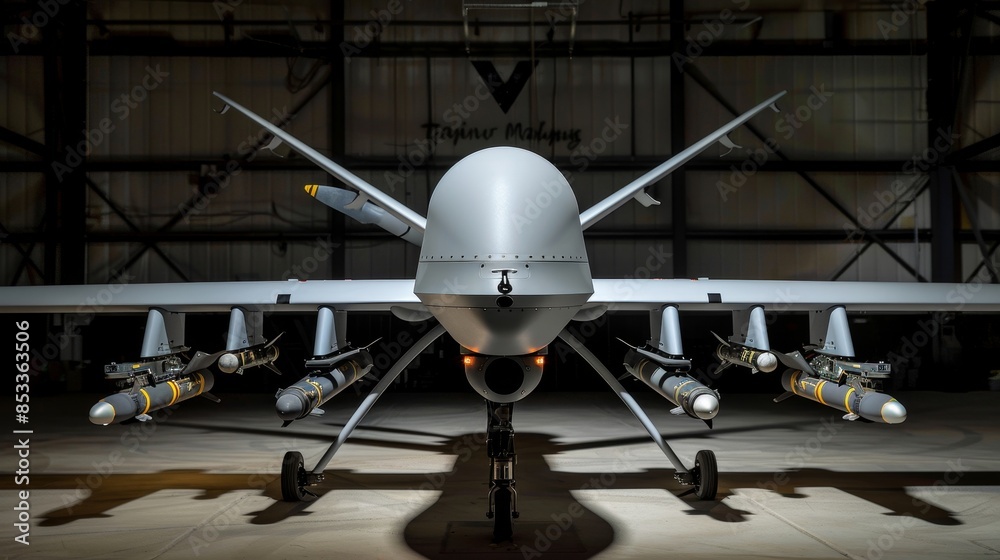 Military drone payload front view depicting various armaments and ...